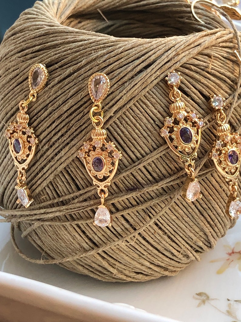 Victorian Dangle Earrings: Gold Purple Cubic Zirconia Wedding Jewelry ...