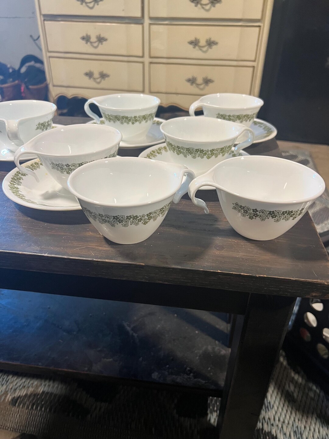 7 Corelle Corningware Open Hook Handle Teacups and 5 Saucers Crazy ...