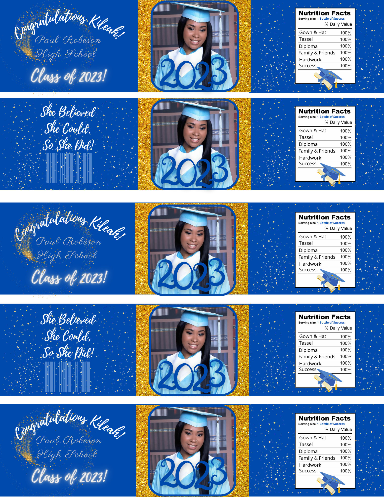 Graduation Water Bottle Label Template With Photo GOLD (SELF Edit Using ...