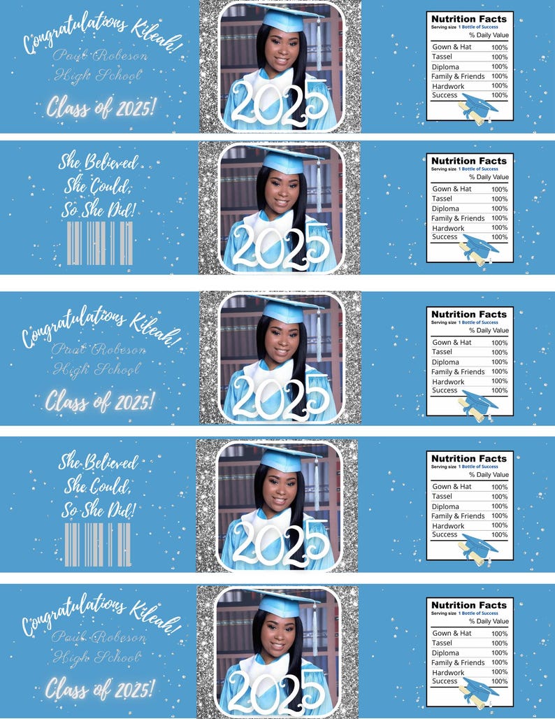 Graduation Water Bottle Label Template With Photo Gold & Silver Options ...