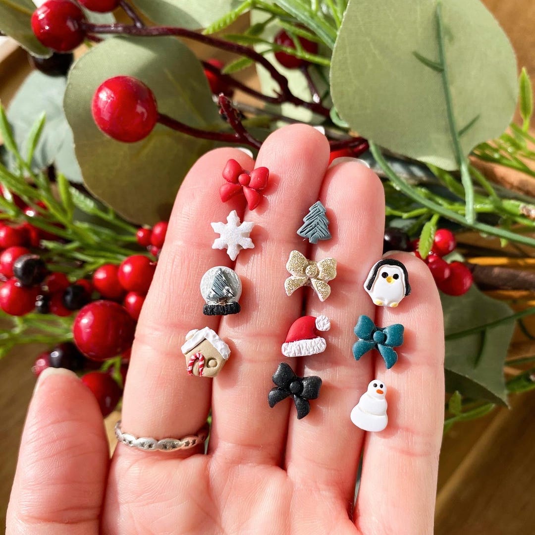 Christmas Stud Pack | 3 Pack | Mini Polymer Clay Stud Xmas Set | Bow ...