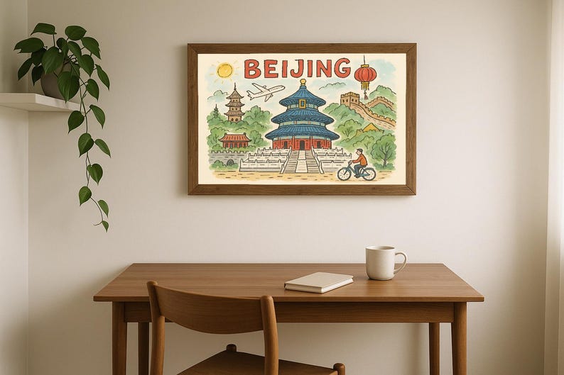 Beijing Travel Poster, Whimsical Ink Sketch, Vintage Printable Wall Art ...