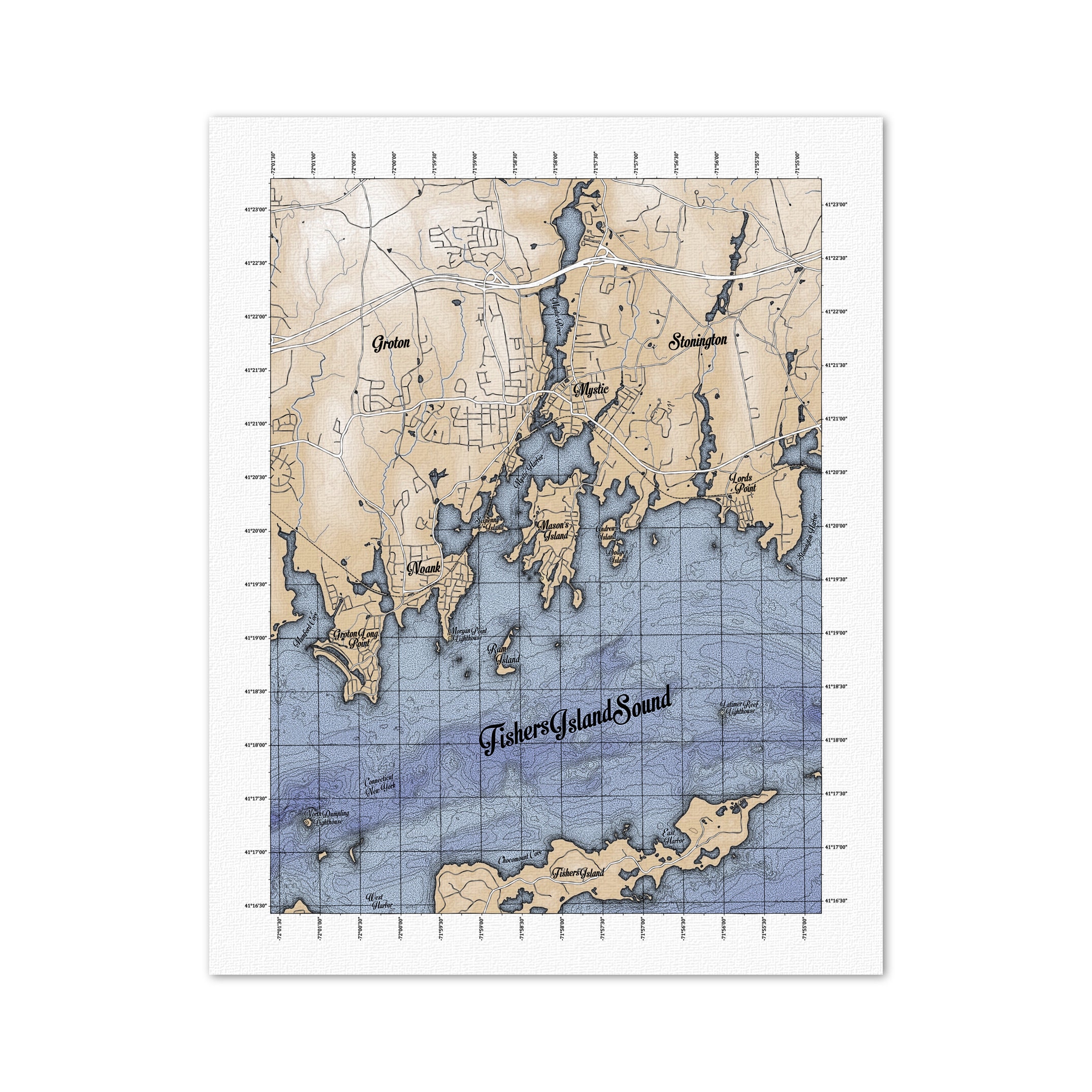 Map of Mystic Harbor & Fishers Island Sound unframed Fine Art Print ...