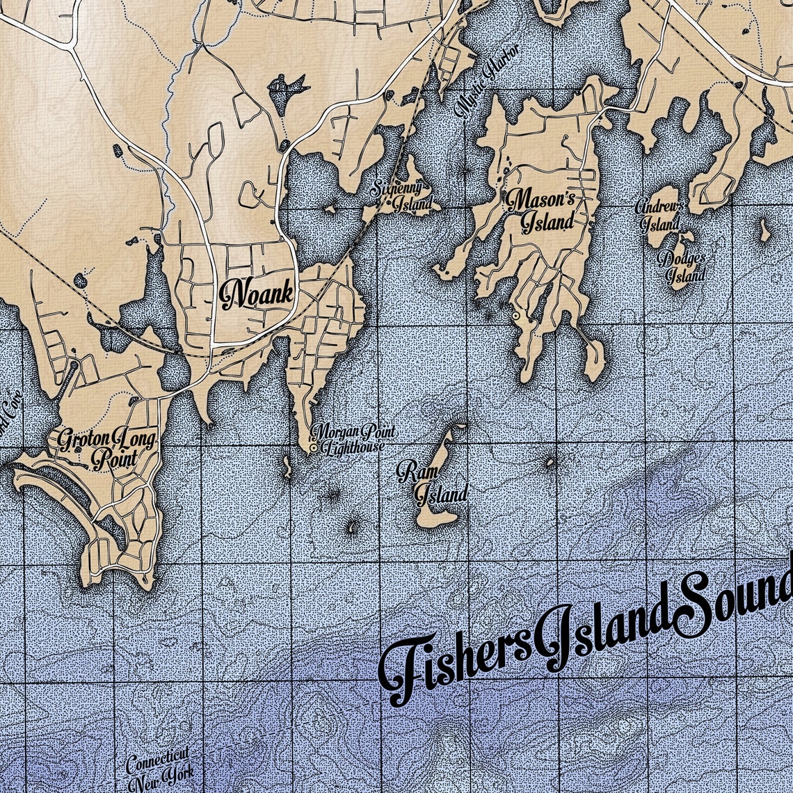 Map of Mystic Harbor & Fishers Island Sound unframed Fine Art Print ...