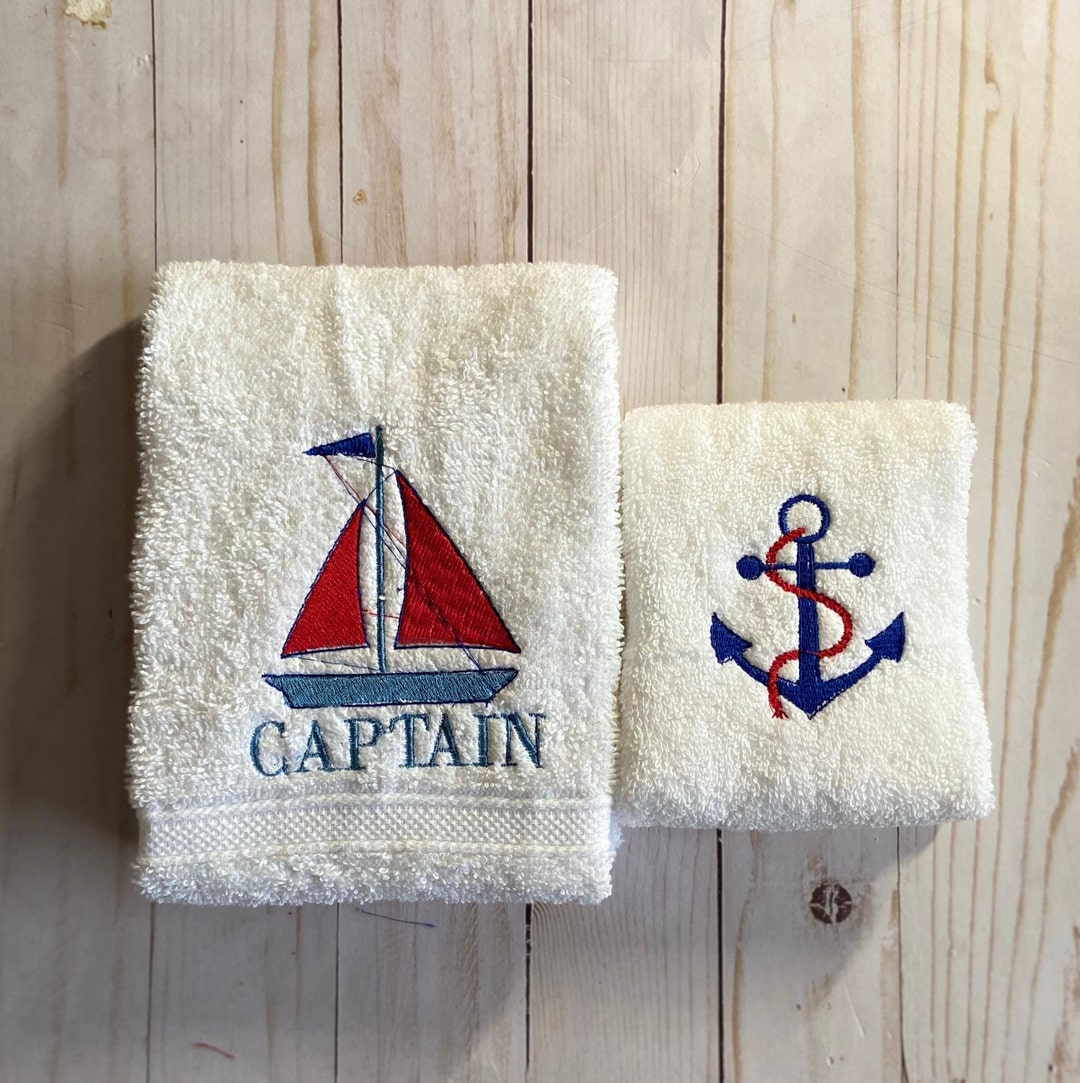 Embroidered Nautical Towel Set, Sailboat, Anchor, Personalized Cotton ...