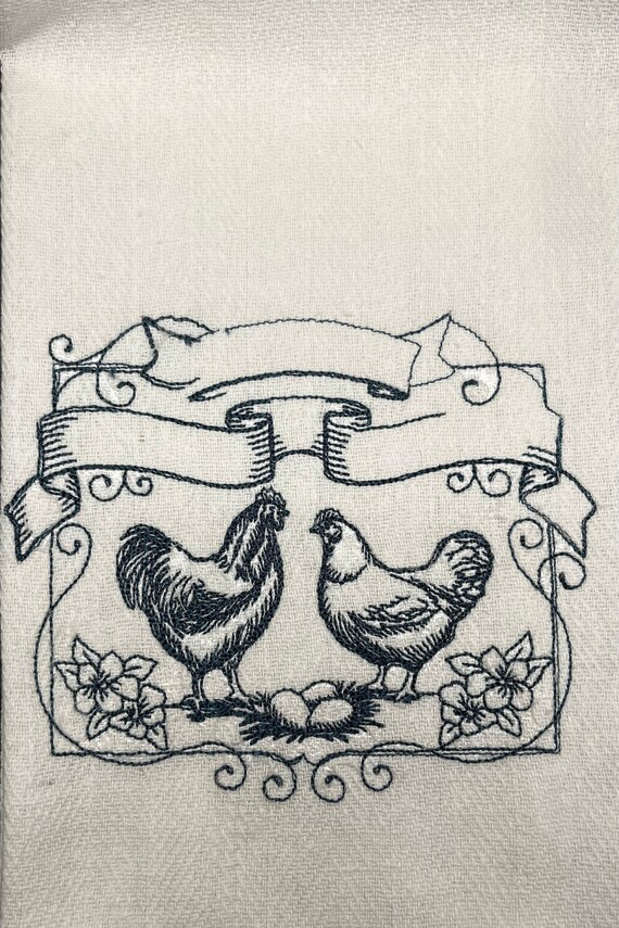 Embroidered Chickens Scroll Farmhouse Kitchen Towel in White - Etsy