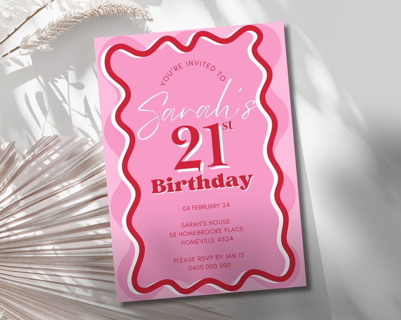 Pink and Red Modern 21st Birthday Invitation for Her, Editable Digital ...