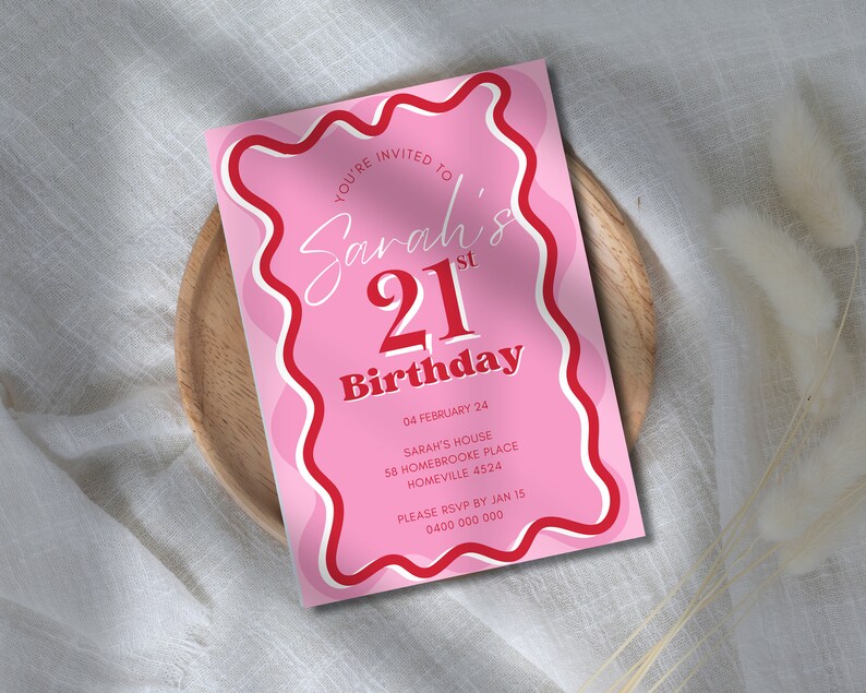 Pink and Red Modern 21st Birthday Invitation for Her, Editable Digital ...