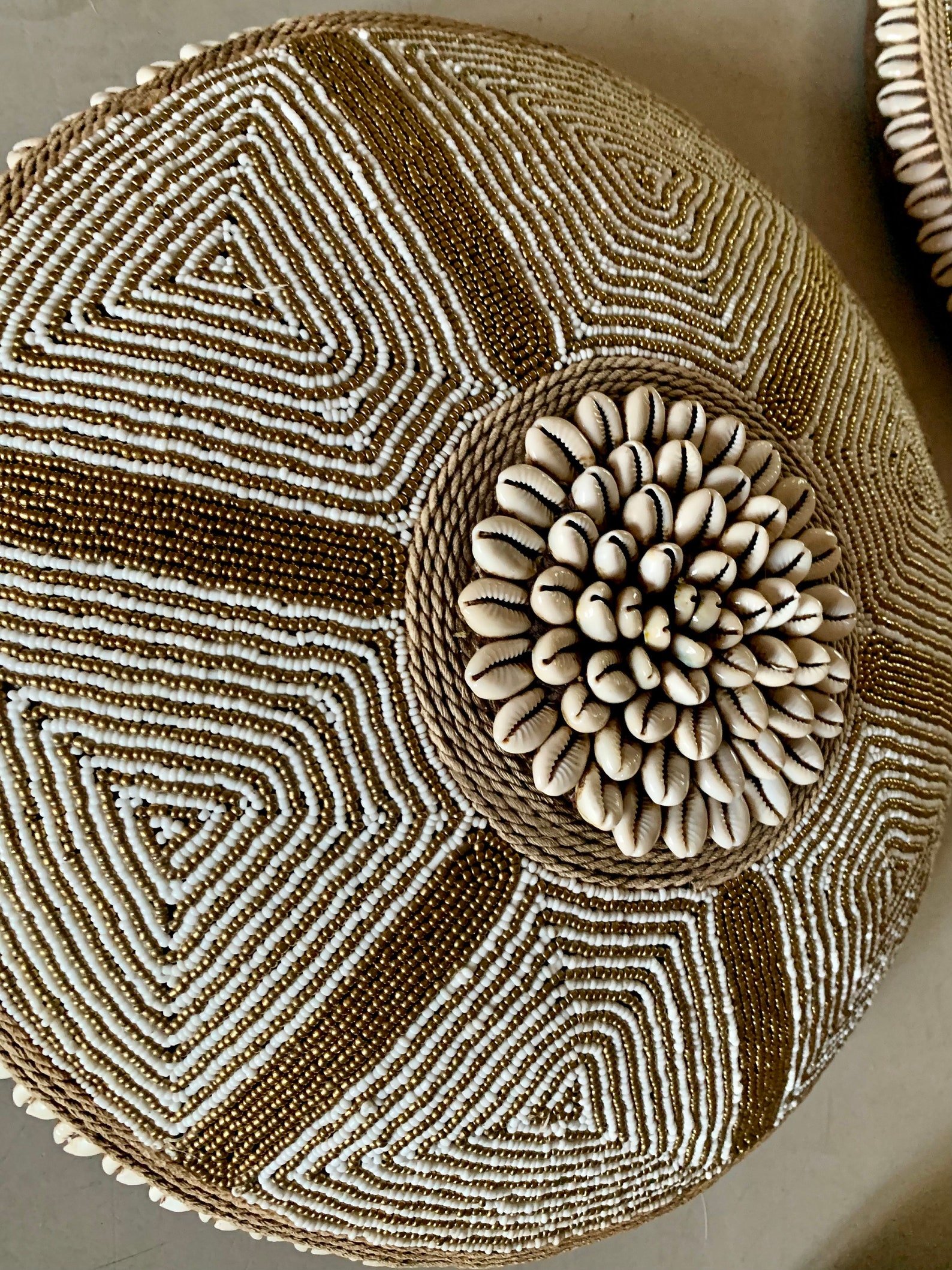 African Beaded Shield 55cm 22", White & Gold Beaded and Cowrie Shell ...
