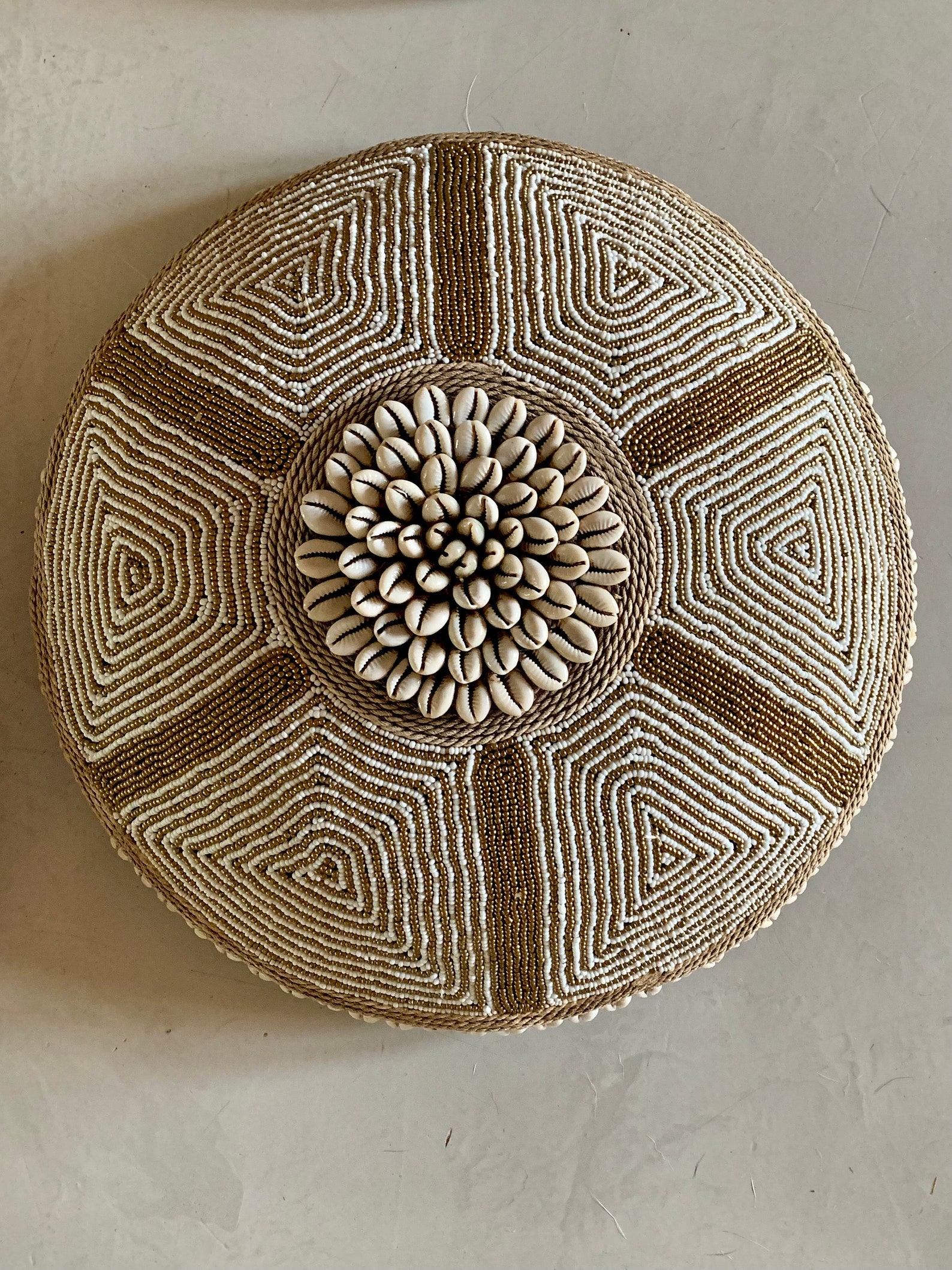 African Beaded Shield 30cm 11.8, White & Gold Beaded and Cowrie Shell ...