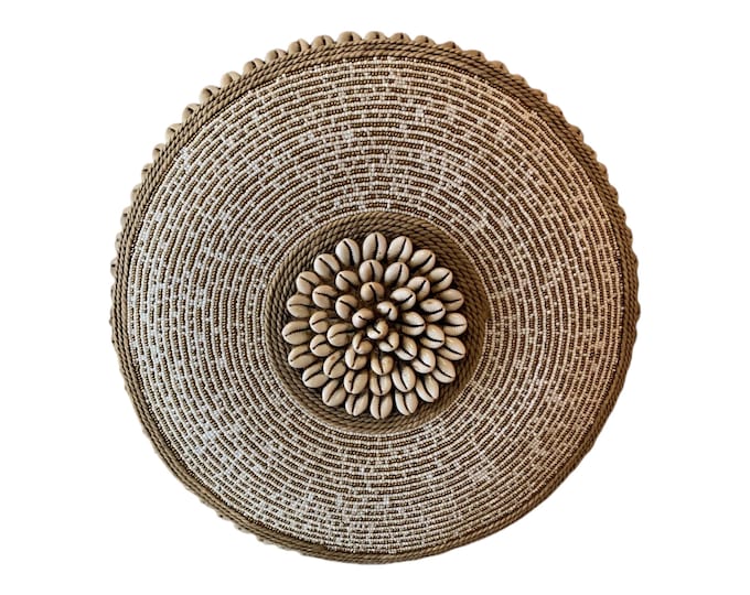 African Beaded Shield 30cm 11.8", White & Gold Beaded and Cowrie Shell Shield, African Shield ...