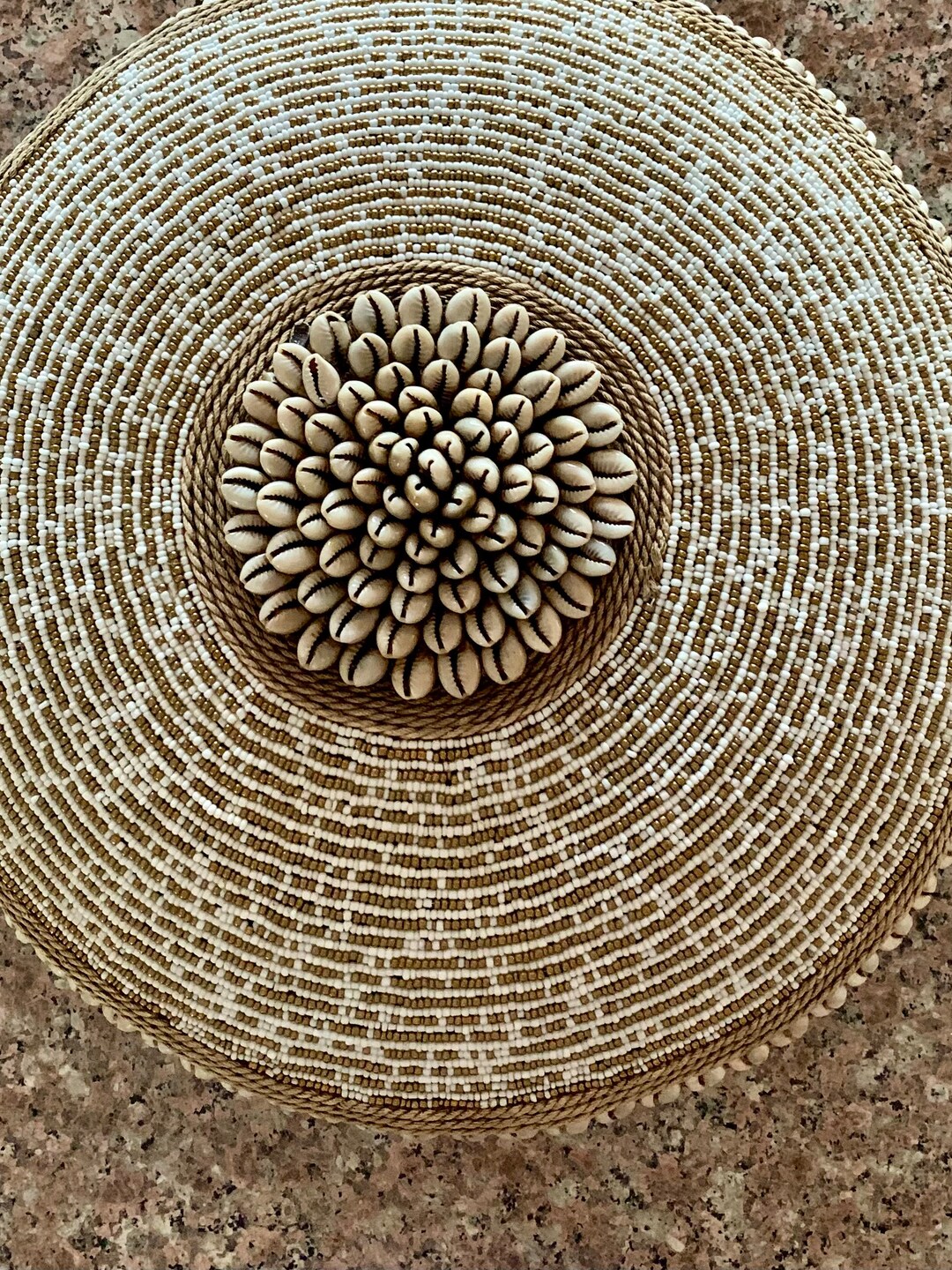 African Beaded Shield 30cm 11.8", White & Gold Beaded and Cowrie Shell ...