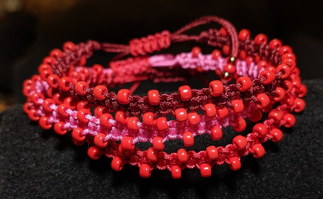Red Beaded Bollywood Style Macrame Bracelet Layering Stack Adjustable ...