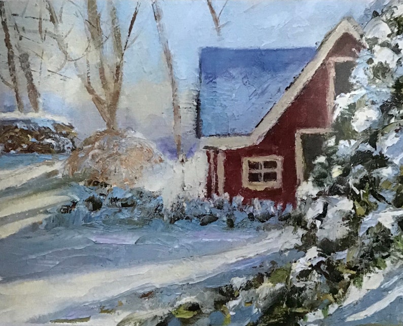 Fine Art Print Cottage in Snow Landscape, Impressionist Winter Scene ...