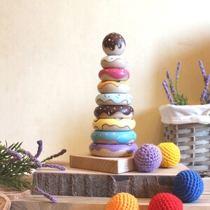 Montessori Wooden Ring Stacker Toy Donuts Rainbow Natural Baby Shower ...