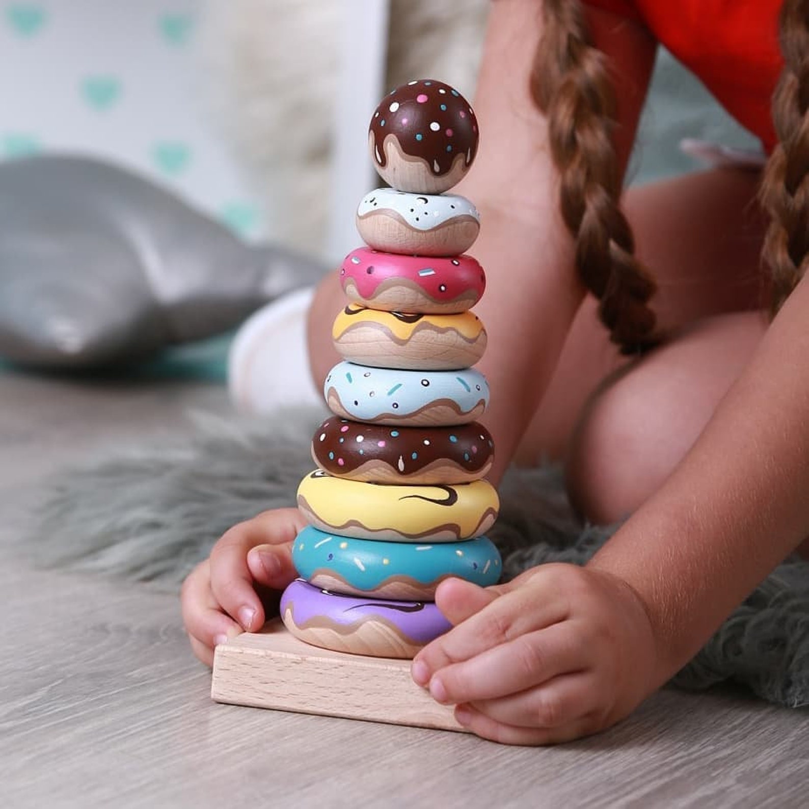 Montessori Wooden Ring Stacker Toy Donuts Rainbow Natural Baby | Etsy