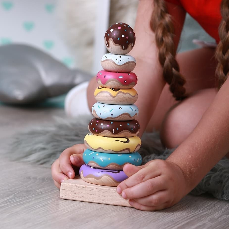 Montessori Wooden Ring Stacker Toy Donuts Rainbow Natural Baby | Etsy