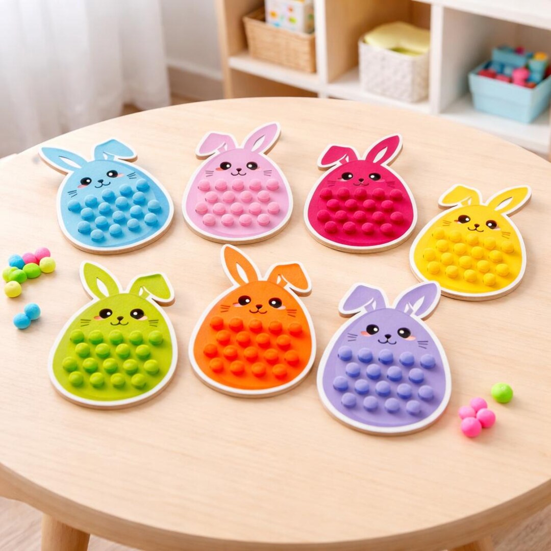 Wooden Bunny Fine Motor Toy, Pom Pom Sorting Game, Montessori Toddler ...