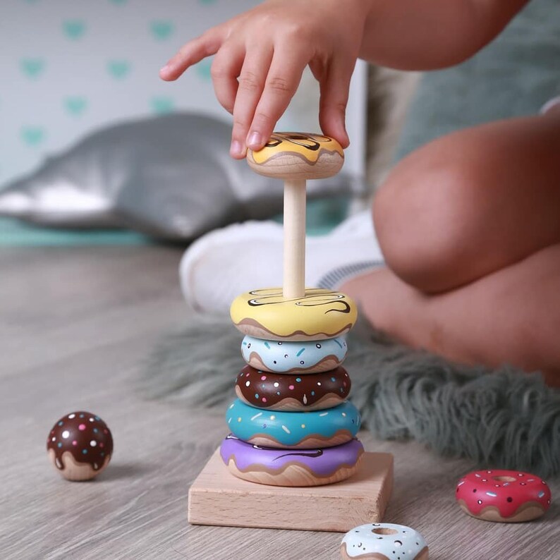 Montessori Wooden Ring Stacker Toy Donuts Rainbow Natural Baby | Etsy
