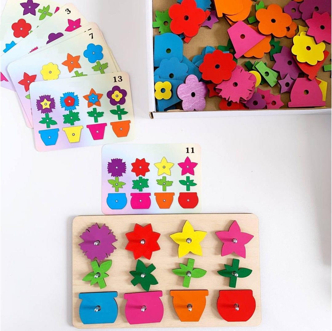 Wooden Flower Color Sorting Toy, Matching Game, Montessori Learning Toy ...