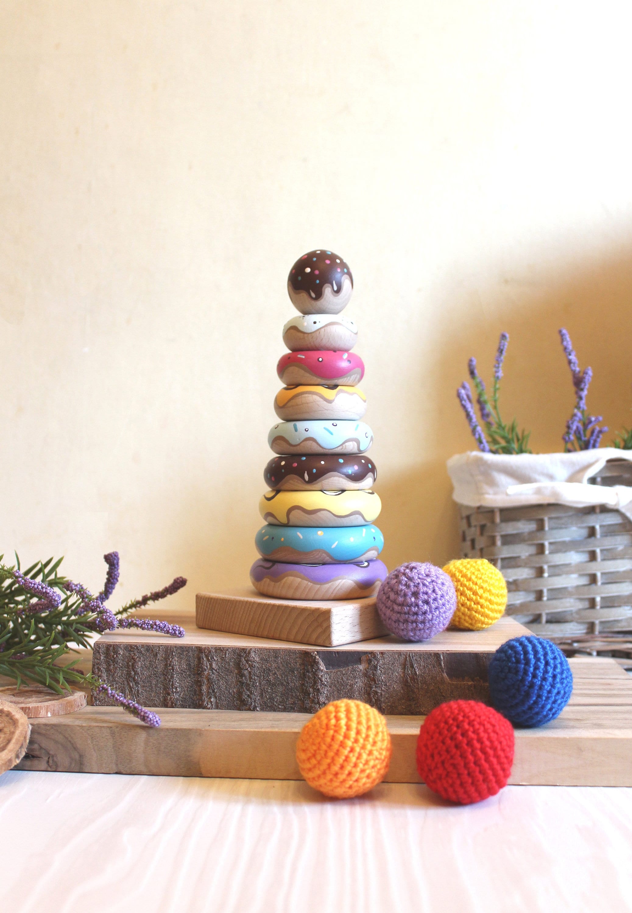 Montessori Wooden Ring Stacker Toy Donuts Rainbow Natural Baby | Etsy