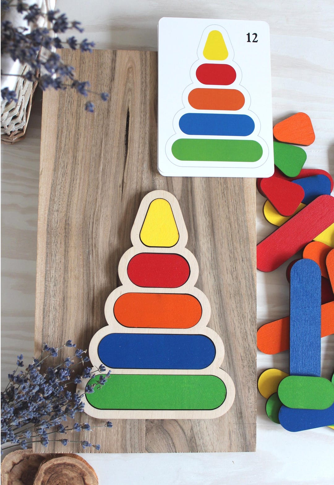 Wooden Pyramid Puzzle Toy, Montessori Toys Learning Color Sorting Toy ...