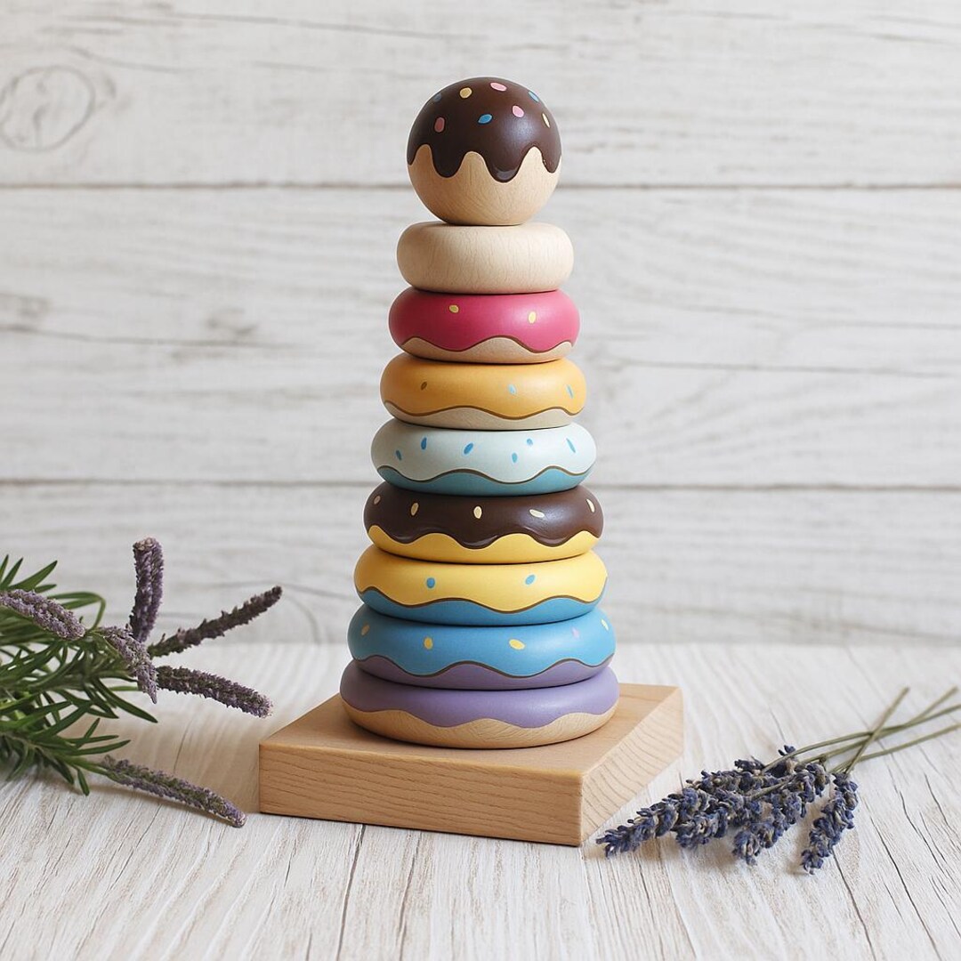 Wooden Stacking Pyramid Donut Stacker Ring Stacker Toddlers 1st Birthday Gift Baby Boy Girl Gift ...