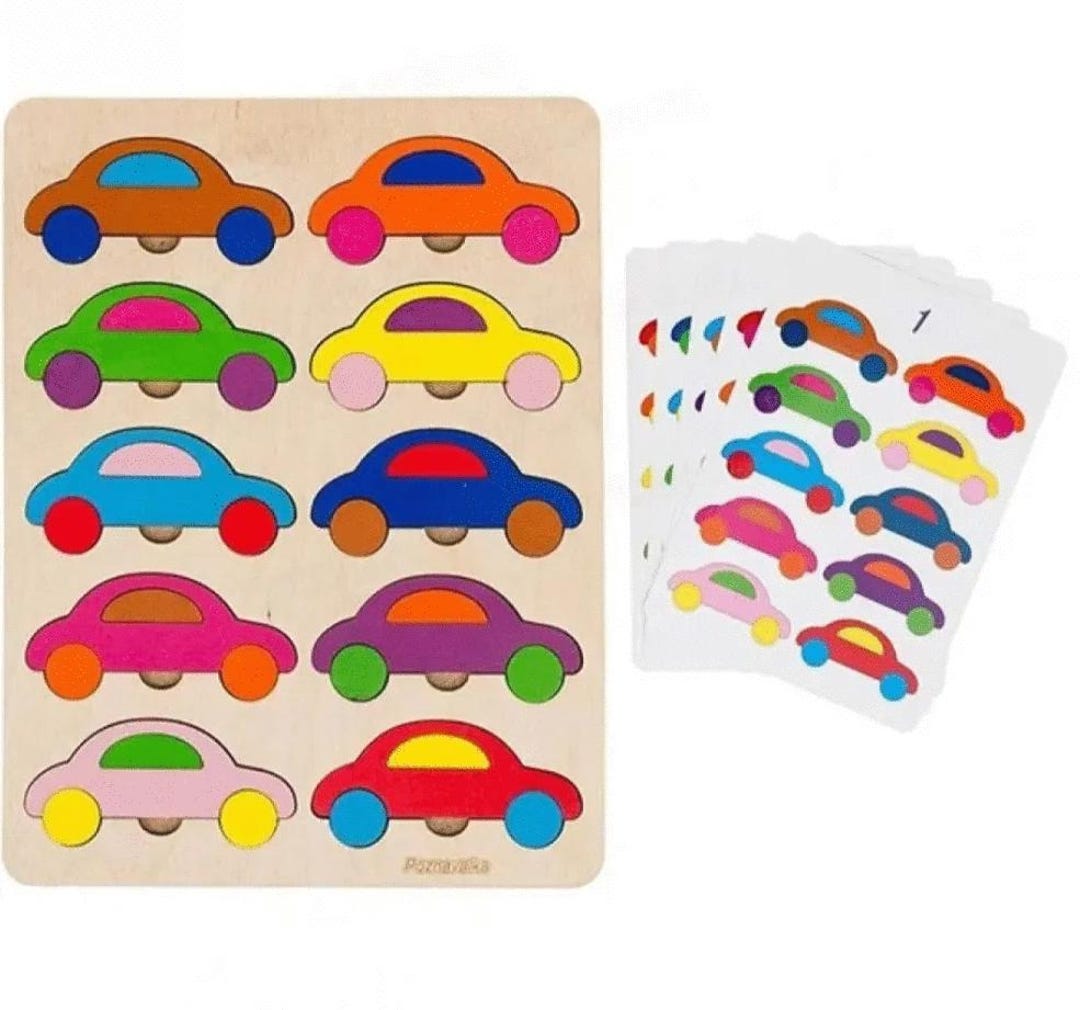 Wooden Color Sorting Toy, Color Matching Car Game Montessori ...