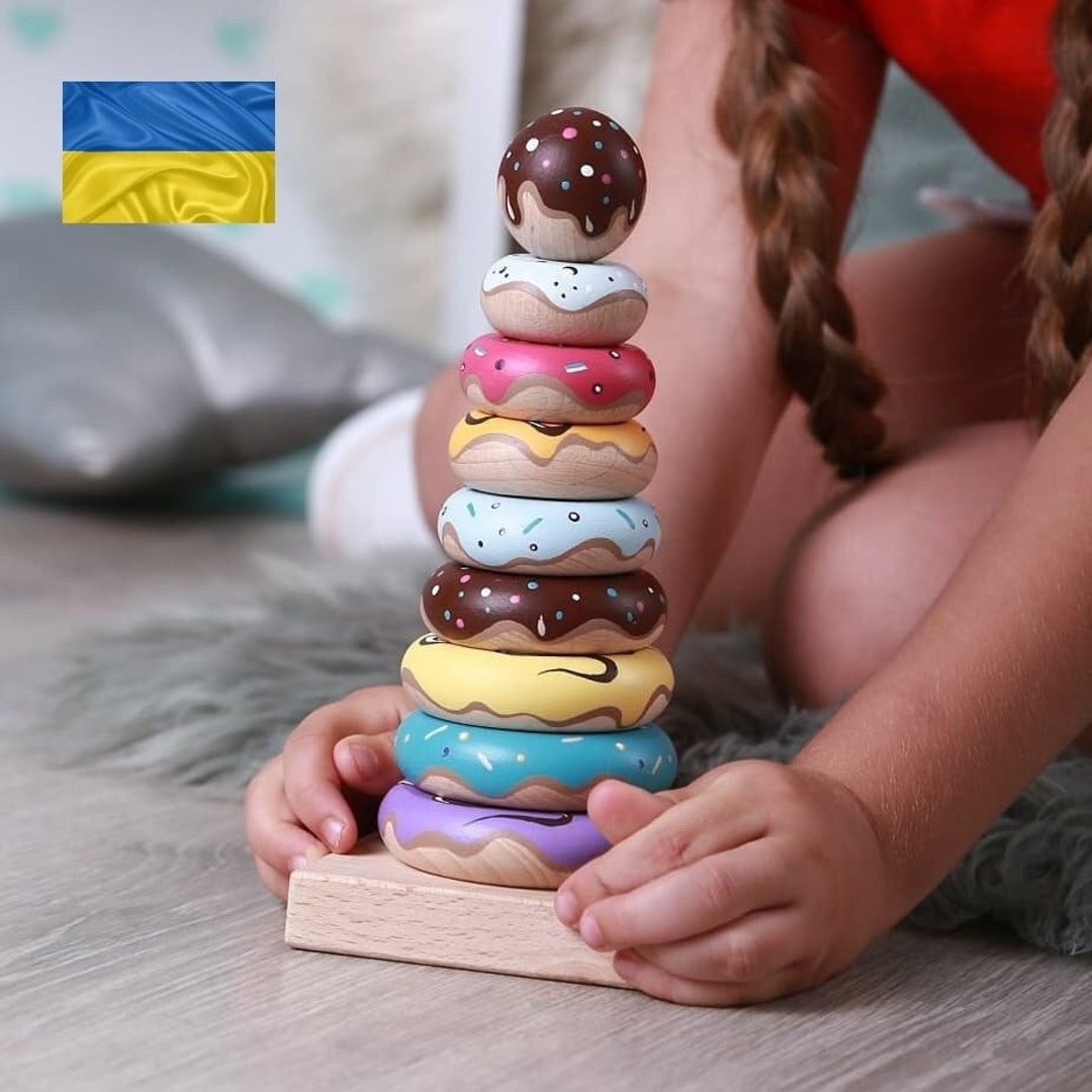 Montessori Wooden Ring Stacker Toy Donuts Rainbow Natural Baby - Etsy