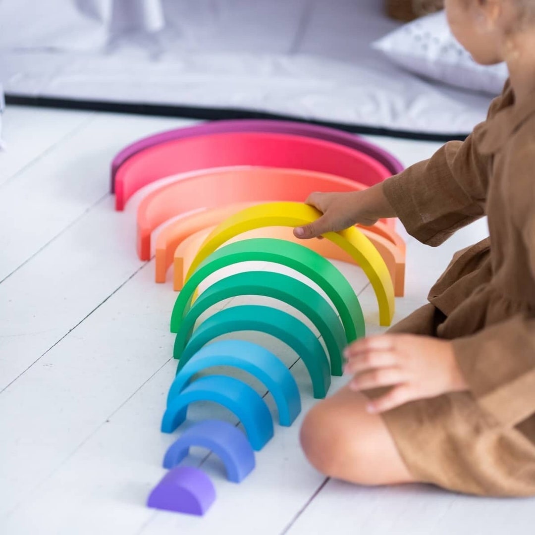 Large Wooden Rainbow Stacker Montessori Toys Toddlers Room Home Decor ...