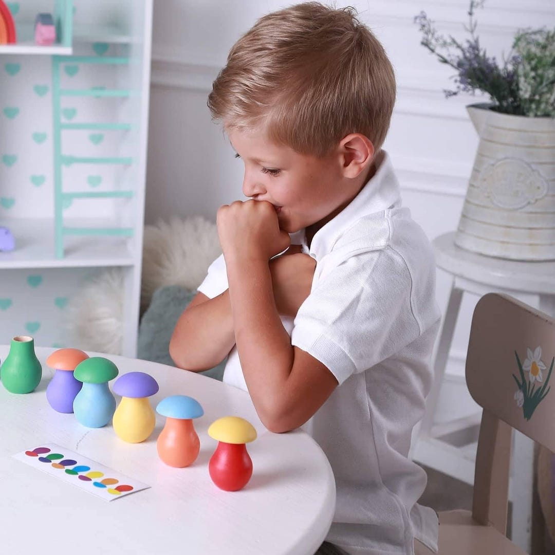 Wooden Mushroom Toy, Color Sorting Toy, Montessori Learning, Waldorf ...