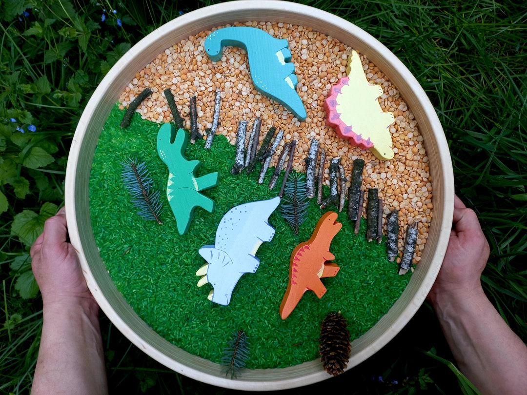 Wooden Sensory Dinosaurs Set With Tray, Sensory Tray Small World Play ...