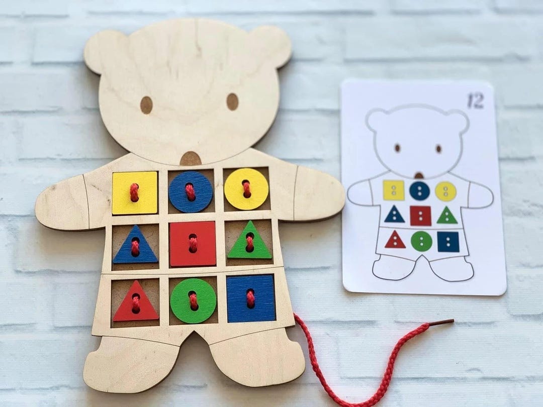 Wooden Lacing Bear Toy With Pattern Cards, Learning Sewing Toy, Shape ...