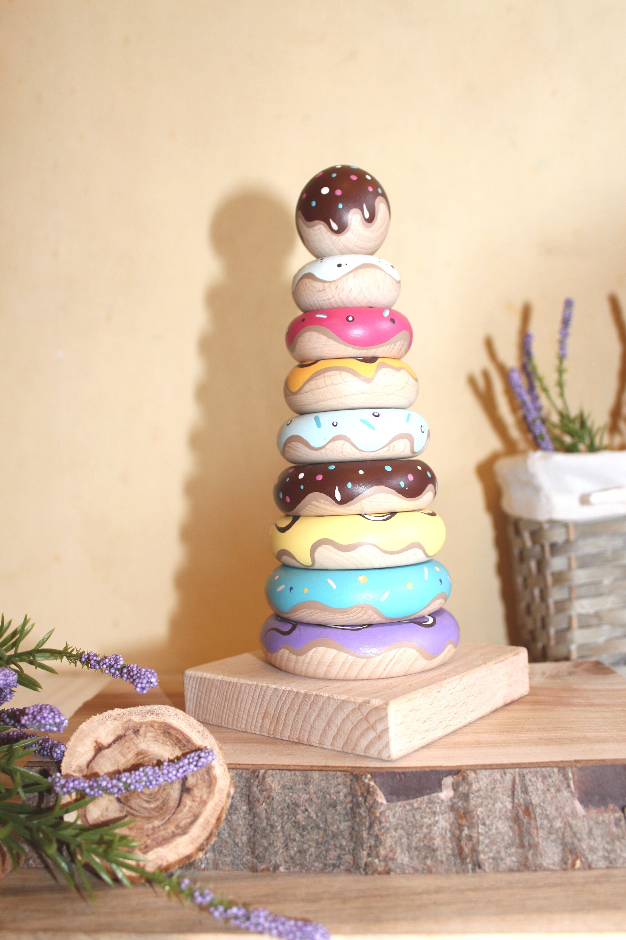 Montessori Wooden Ring Stacker Toy Donuts Rainbow Natural Baby | Etsy