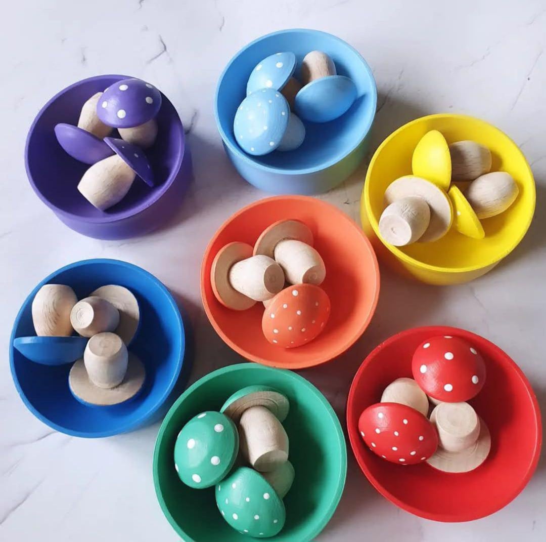 Wooden Mushroom Color Sorting Toy, Montessori Toys, Rainbow Color ...