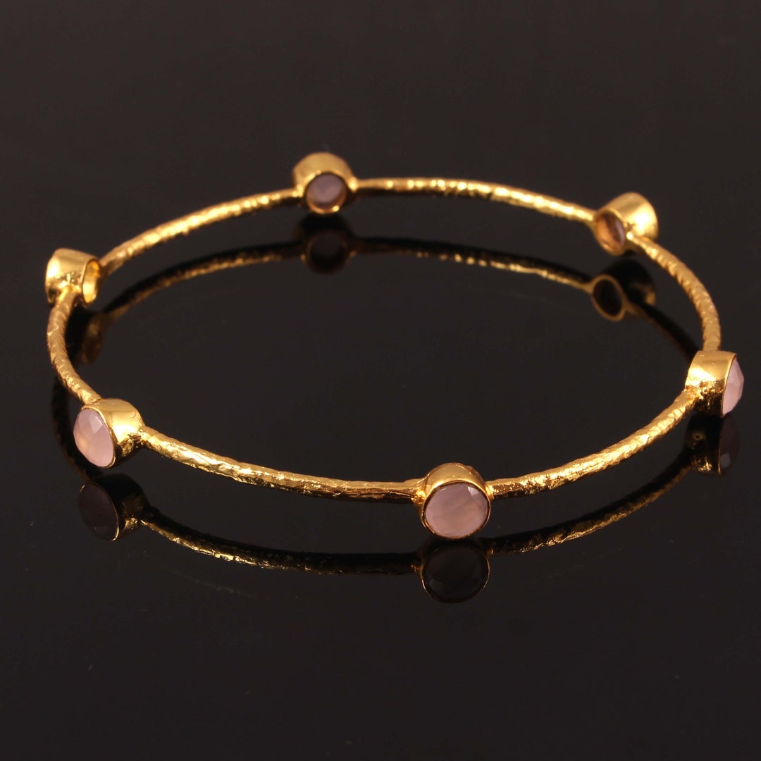 Multi Rose Quartz Bangle,gold Plated.pink Gemstone Bangle.circle Bangle ...