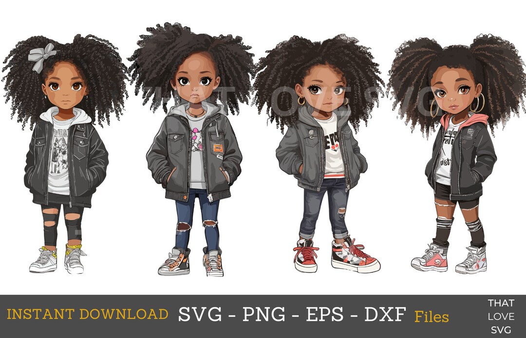 4 Png Black Girls Bundle, Little Black Girl PNG Clipart Bundle, Black ...