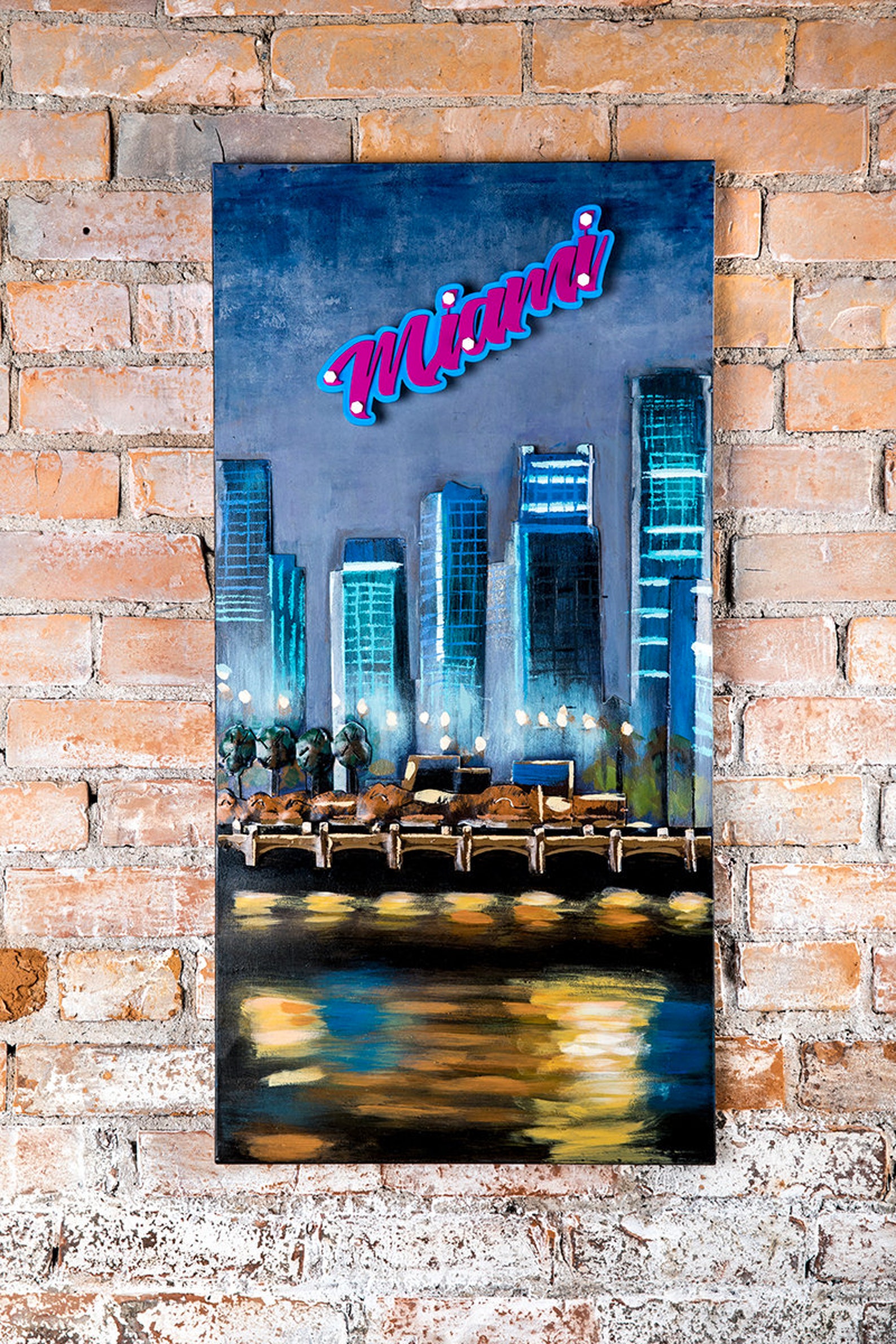 Miami Cityscape Metal Sign - Metal - Neon - Retro - Miami Art - Wall ...