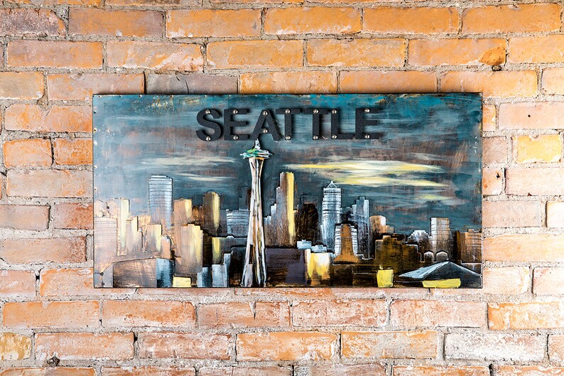 Seattle Cityscape Metal Sign - Metal - Black - Seattle Art - Wall Art ...