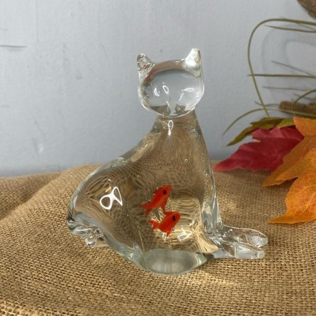 Vintage Glass Cat Figure With Gold Fish Inside - Small Collectible ...