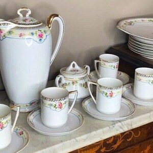 Nippon Blue Maple Leaf Pink Rose Pattern Tea & Plates Set of 6 1891 ...