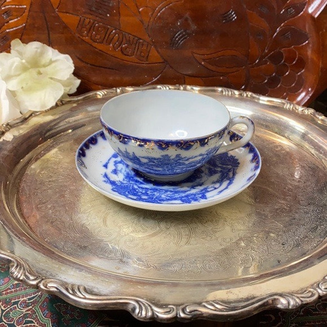 Antique Blue Flow Cup & Saucer - Blue and White China Tea Cup - Blue ...