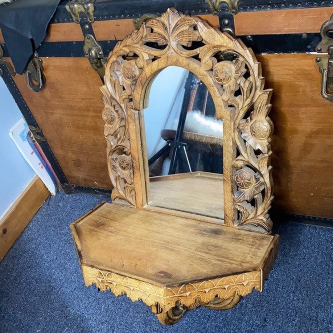 Vintage Wooden Mirror With Shelf Hand Carved Wood Entryway Wall Decor ...