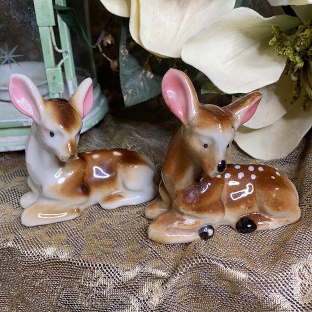 Vintage Ceramic Deer Figurines Two Baby Fawns Laying Down Small Bambi ...