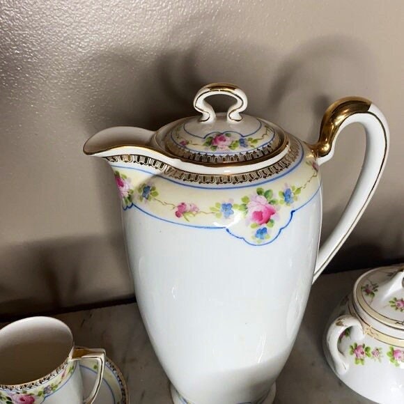 Nippon Blue Maple Leaf Pink Rose Pattern Tea & Plates Set of 6 1891 ...