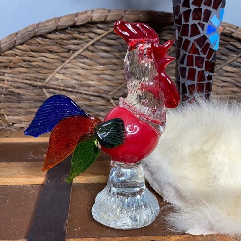 Vintage Glass Rooster Figurine Hand Blown Art Glass Colorful Glass ...
