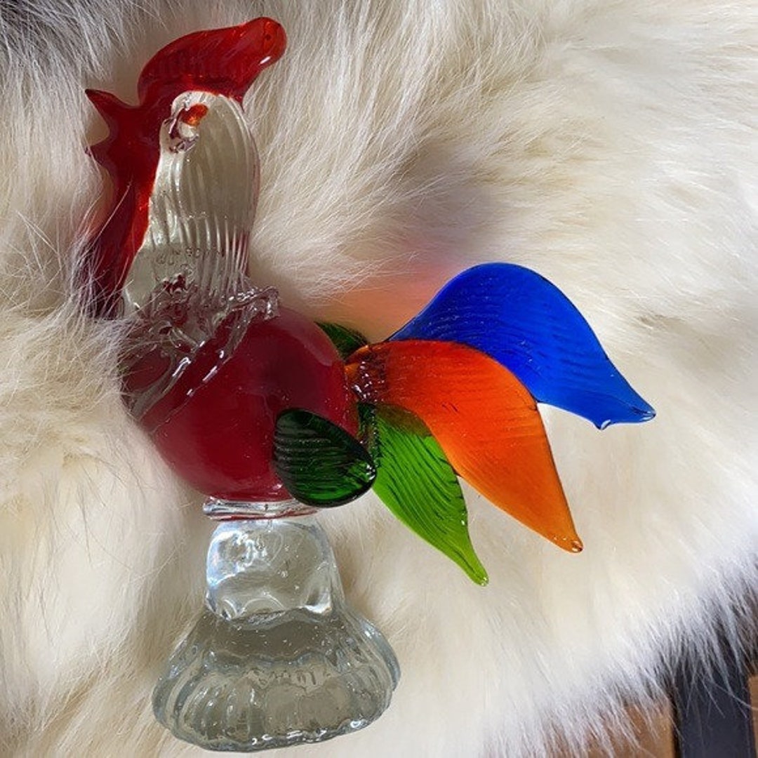 Vintage Glass Rooster Figurine Hand Blown Art Glass Colorful Glass ...
