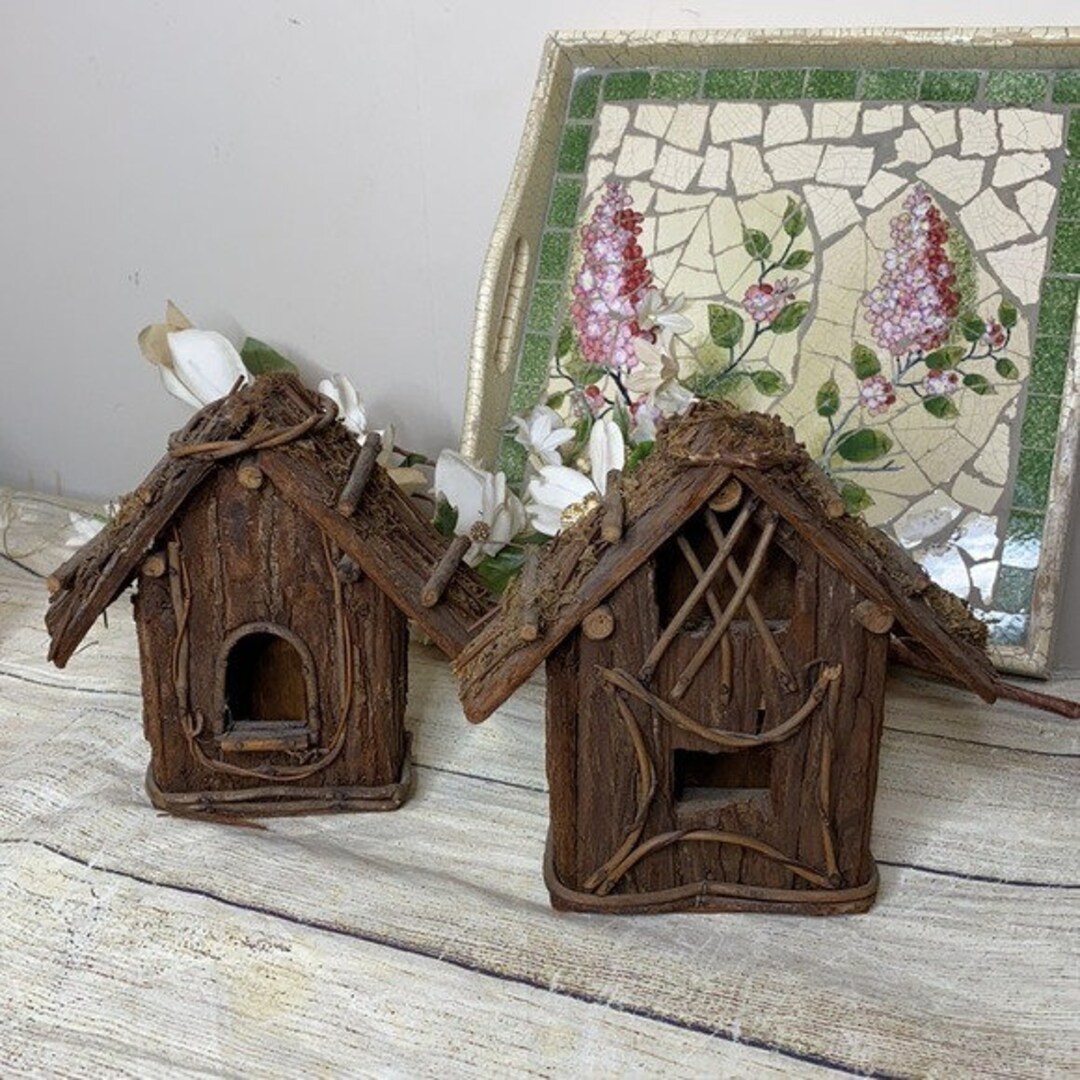 Vintage Wood & Bark Bird House Set of 2 Hand Crafted Wooden Bird Houses ...