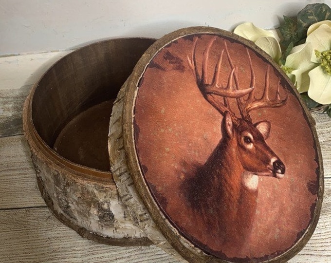 Vintage Buck Storage Box - Hand Crafted Round Wooden Bark Bin - Deer ...
