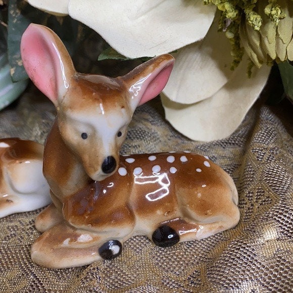 Vintage Ceramic Deer Figurines Two Baby Fawns Laying Down Small Bambi ...